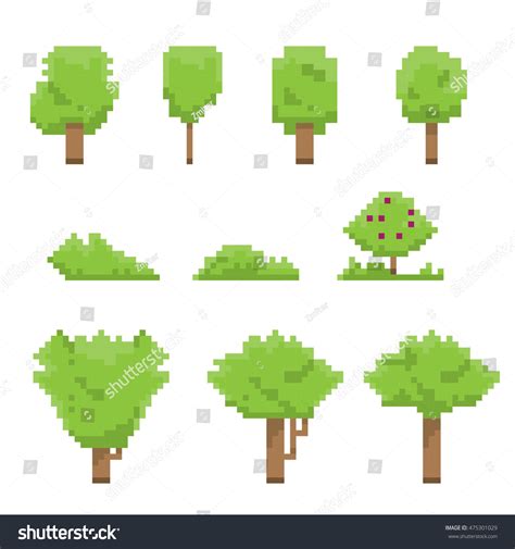 Pixel Art Trees Collection Isolated On เวกเตอรสตอก ปลอดคาลขสทธ 475301029