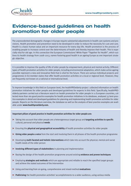 Evidence Based Guidelines On Health Promotion Healthproelderly