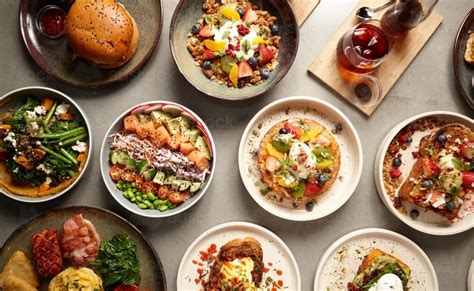 Image Of Overhead Shot Of Multiple Food Dishes On Table Austockphoto