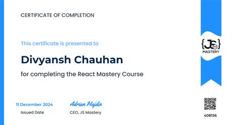 React Mastery Course This Digital Credential Was Issued By Js Mastery To Divyansh Chauhan