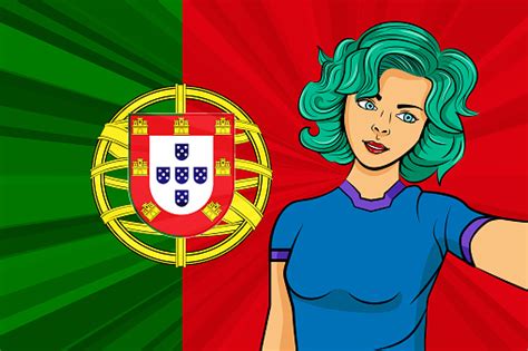 팝 아트 유니콘 컬러 머리 스타일으로 소녀입니다 젊은 팬 소녀는 포르투갈의 국기 하기 전에 Selfie 벡터 스포츠 일러스트 복고 만화 스타일 Championship에 대한