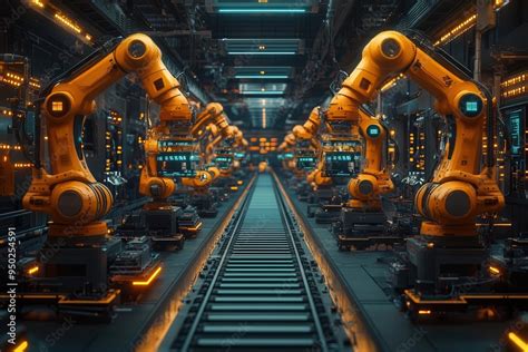 Futuristic Automated Factory Interior Robotic Arms Assembling Products On Conveyor Belts Pulsing