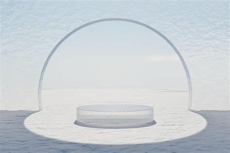 Abstact 3d는 겨울 장면 및 자연 배경 눈 땅에 얼음 연단 제품 스탠드 디스플레이 광고 모형 등을 위한 맑은 날의 배경 얼음 아치를 렌더링합니다 3차원 형태에 대한