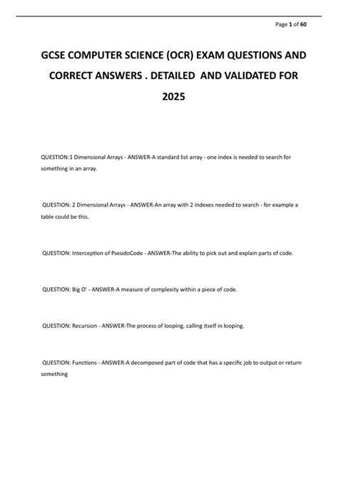 Gcse Computer Science Ocr Exam Questions And Correct Answers