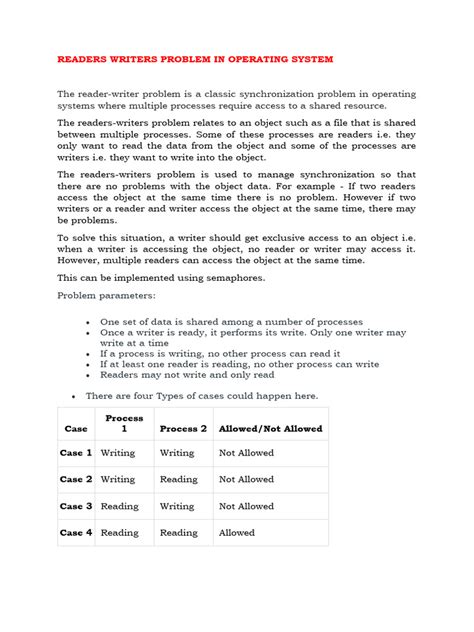Readers Writers Problem In Operating System Pdf Process Computing