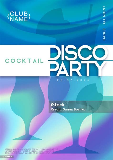 칵테일 모던 디스코 파티 포스터 추상 홀로그램 배경에 칵테일 실루엣 블루라군 칵테일에 대한 스톡 벡터 아트 및 기타 이미지