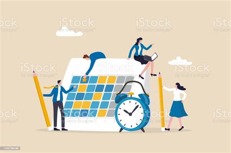 일정 팀 회의 또는 약속 프로젝트 계획 또는 시간 미리 알림을 예약하고 타임 라인 개념을 관리하고 캘린더 플래너에서 일하는 사업가 및 사업가가 작업을 예약하고 구성합니다