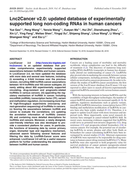 Pdf Lnc2cancer V20 Updated Database Of Experimentally Supported Long Non Coding Rnas In