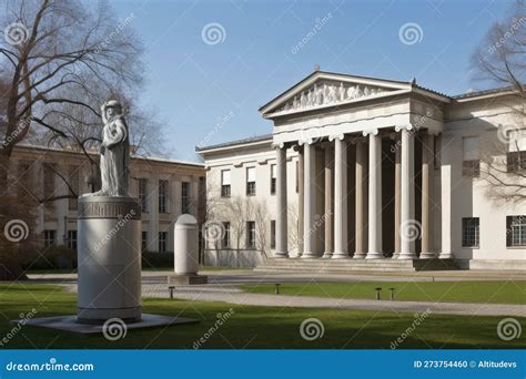 Classicist Building With Columns And Sculptures Viewed From A Distance