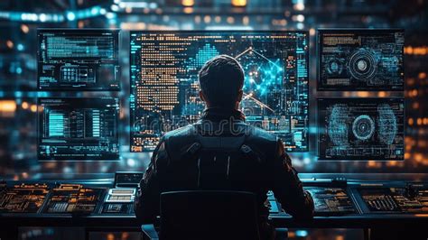 Futuristic Female Engineer Operating High Tech Holographic Control Panel In Sci Fi Setting Stock