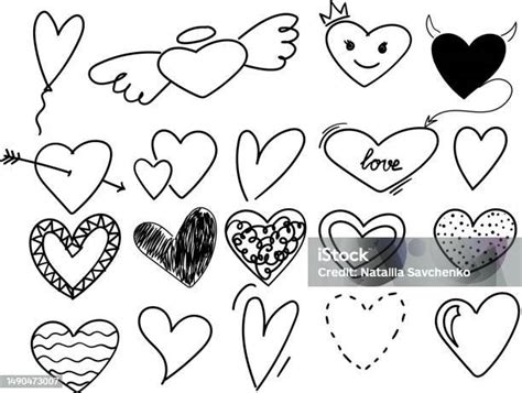 아홉 손으로 그린 마음의 세트 흰색 배경에 고립 된 손으로 그린 거친 마커 하트 그래픽 디자인에 대한 벡터 일러스트레이션 하트 모양에 대한 스톡 벡터 아트 및 기타 이미지