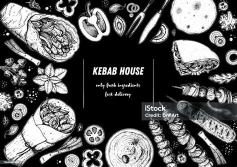 도너 케밥과 케밥 스케치 일러스트에 대한 재료 아랍 요리 프레임 패스트 푸드 메뉴 디자인 요소 샤와르마 핸드 그린 프레임 중동