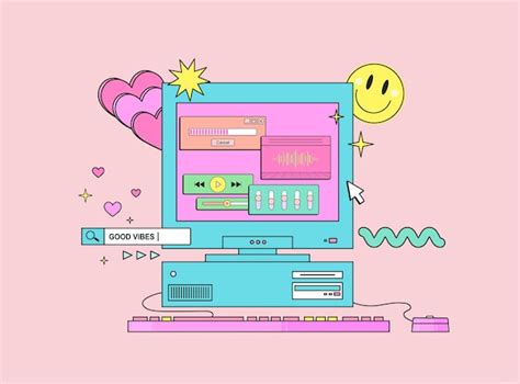 Premium Vector Pc With Monitor Keyboard And Mouse In Retro Style Computer With Musical User