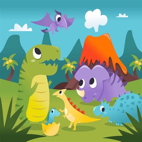 Premium Vector Super Cute Cartoon Dinosaurs Prehistoric Scene