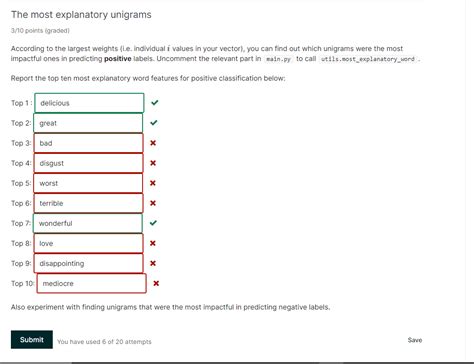 solved the most explanatory unigrams 3 10 points graded