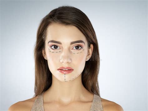 Woman Portrait And Lines For Plastic Surgery Cosmetic Procedure And