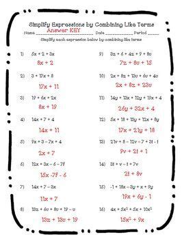 Simplifying Expressions Combining Like Terms Worksheet With Answer KEY