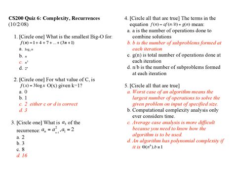 5 questions on complexity recurrences with solutions quiz 6 cs 200