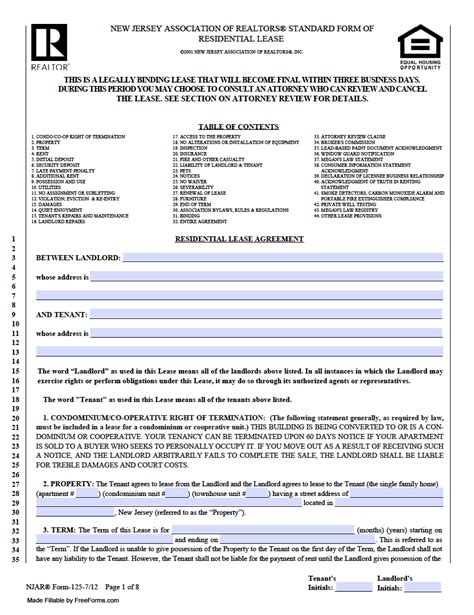 Free New Jersey Standard Residential Lease Agreement Template Pdf Word