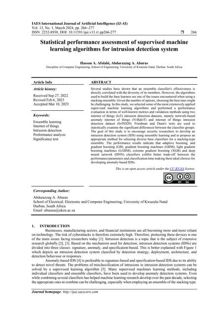 Statistical Performance Assessment Of Supervised Machine Learning Algorithms For Intrusion