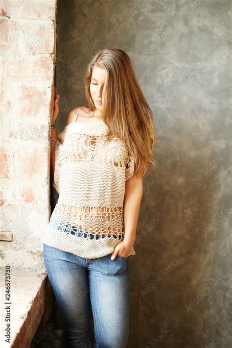 Beautiful Russian Girl Posing For Photo In The Home Loft Studio Stock