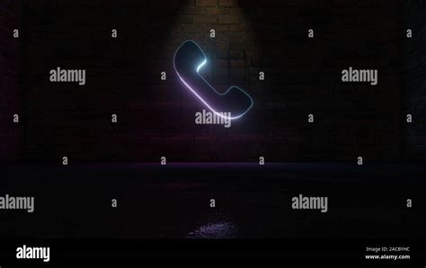 3d Rendering Of Blue Violet Neon Symbol Of Headphone On Dark Brick Wall Background With Wet