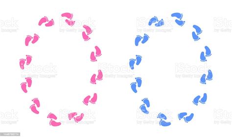 소년과 소녀 발자국이 있는 타원형 프레임 베이비 샤워 성별 공개 임신 또는 신생아 환영 파티 초대장 또는 인사말 카드용 템플릿 0명에 대한 스톡 벡터 아트 및 기타 이미지