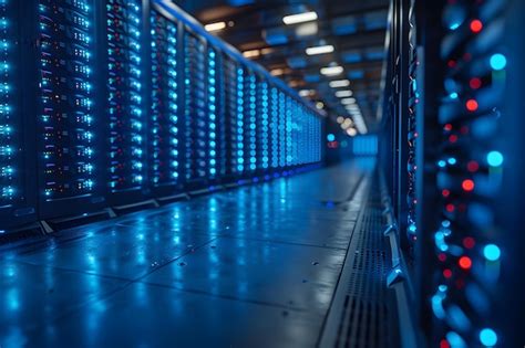 Modern Data Center Server Room With Blue And Red Led Lights Technology And Networking