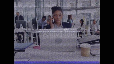 Screen With Bands Interference Showing Woman Working Stock Footage