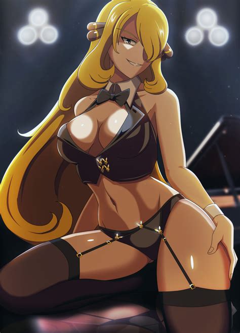 Rule 34 Big Breasts Black Panties Blonde Hair Bowtie Breasts Cleavage Collar Cynthia Pokemon
