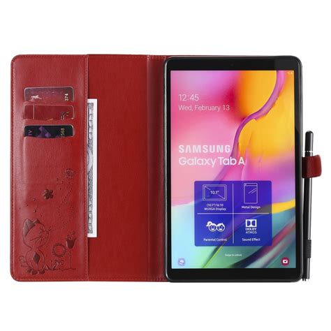 삼성 갤럭시 탭 A101 2019 T510 고양이 꿀벌 엠보싱 패턴 충격 방지 테이블 Pc 홀더 및 카드 슬롯 및 지갑 및 펜 슬롯이있는 보호 수평 플립 가죽 케이스