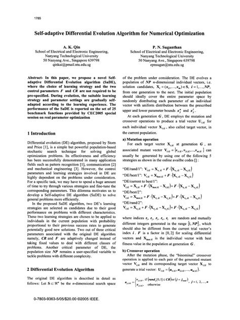 Self Adaptivedifferentialevolutionalgorithmfornumericaloptimization Pdf Mathematical