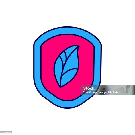 흰색 배경에 격리 된 잎 아이콘이있는 윤곽 선명 보호막 잎이 있는 친환경 보안 보호막 벡터 가득 찬에 대한 스톡 벡터 아트 및 기타 이미지 Istock