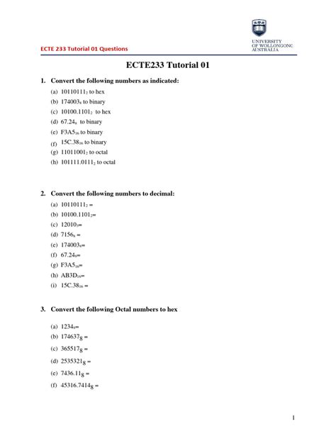 Ecte233 Tutorial 01 Questions 2024 Pdf Binary Coded Decimal