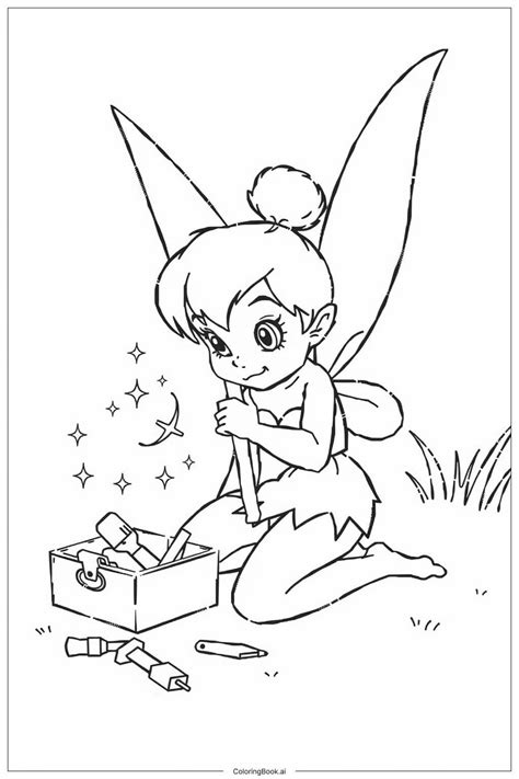 Tinkerbell Repairing A Broken Wand With Her Tools Coloring Page Free Pdfandpng Printable