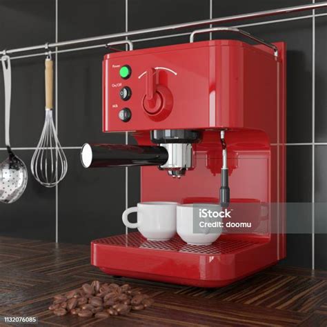 검은 타일 벽 앞에 기계를 만드는 근접 촬영 레드 에스프레소 커피 3d 렌더링 기계류에 대한 스톡 사진 및 기타 이미지 기계류 디지털 생성 이미지 따르기 Istock