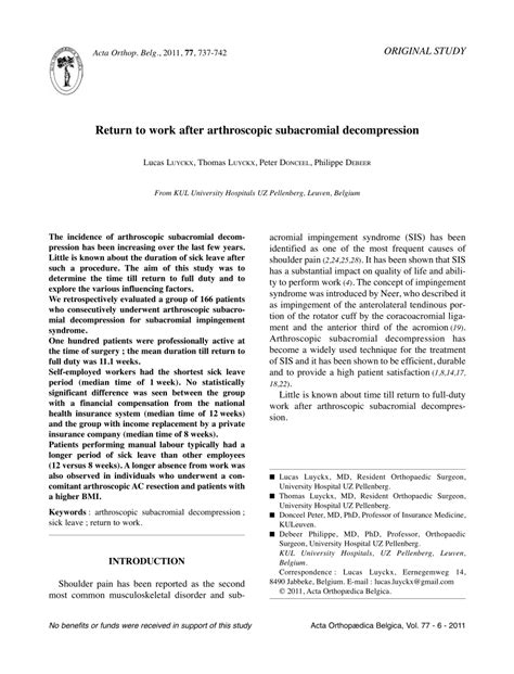 Pdf Return To Work After Arthroscopic Subacromial Decompression