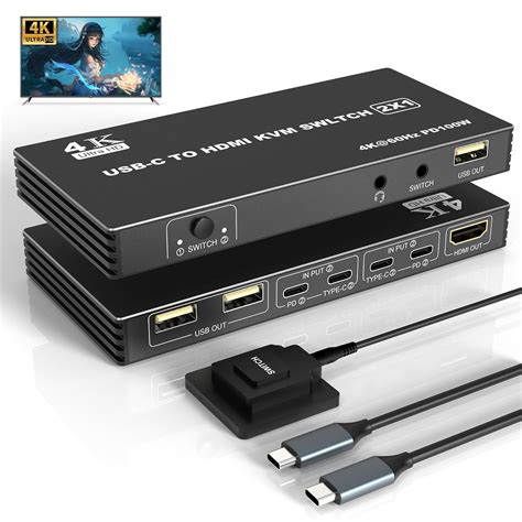 USB C KVM Switch 4K 60Hz USB C Switch For 2 Computers Share 1 HDMI Monitor 100W Charging 3