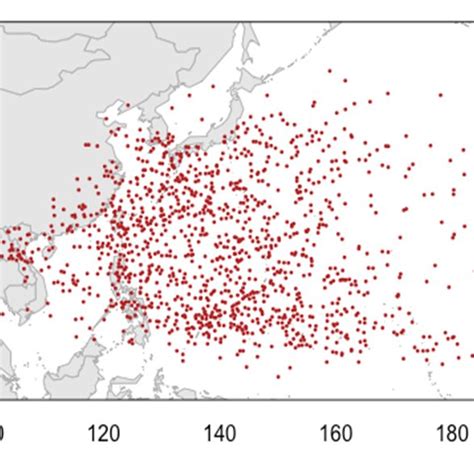 Annual Distribution Of Wnp Region Observed Typhoon Genesis Locations