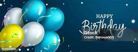 생일 축하 벡터 디자인 생일 축하합니다 파란색 배경으로 풍선 색상과 색종이 파티 요소가있는 텍스트로 생년월일 인사말 3차원 형태에 대한 스톡 벡터 아트 및 기타 이미지
