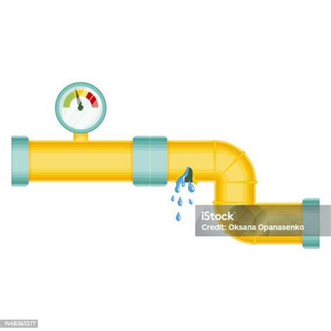 증기 또는 납 가스의 누출 파이프 라인의 파열로 깨진 파이프 수도꼭지 떨어지기 물 공급 문제 파이프 파손 흰색 배경에 격리된 바람 그림 0명에 대한 스톡 벡터 아트 및 기타