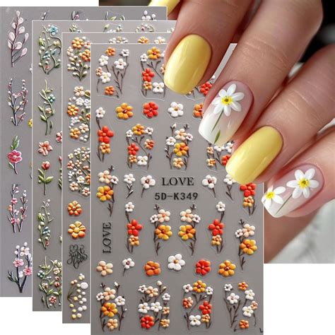 Jmeowio 3d Embossed Flower Nail Art Stickers Decals Self