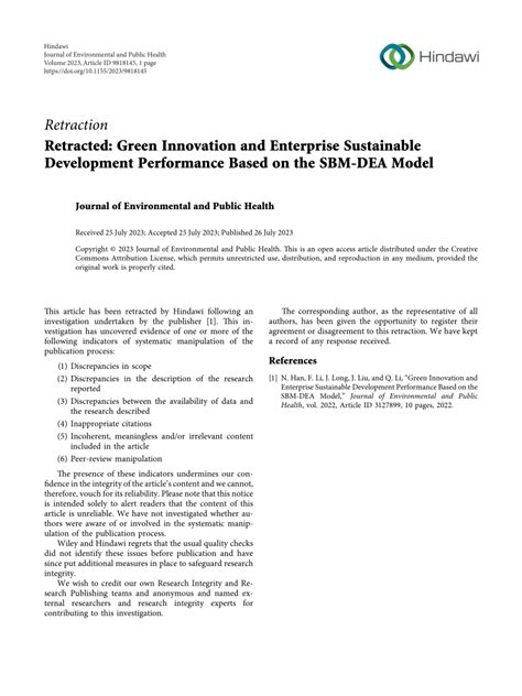 pdf retracted green innovation and enterprise sustainable development performance based on