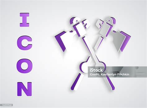 종이 컷 회색 배경에 격리 된 교차 중세 축 아이콘 전투 도끼 실행자 도끼 중세 무기 종이 아트 스타일 벡터 3차원 형태에 대한 스톡 벡터 아트 및 기타 이미지 Istock