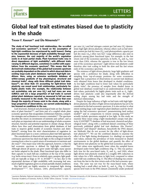 Pdf Global Leaf Trait Estimates Biased Due To Plasticity In The Shade