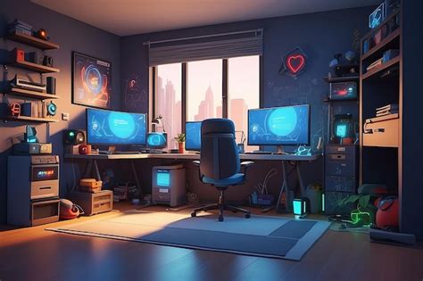 Teenager Boy Bedroom Interior Gamer Programmer Hacker Or Trader Room With Multiple Computer