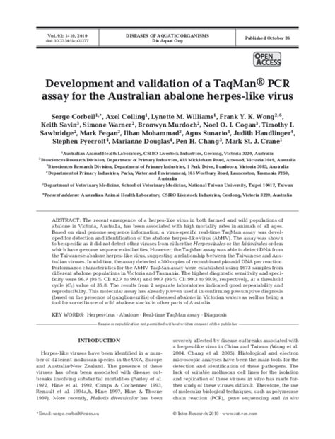 Pdf Development And Validation Of A Taqman® Pcr Assay For The Australian Abalone Herpes Like Virus