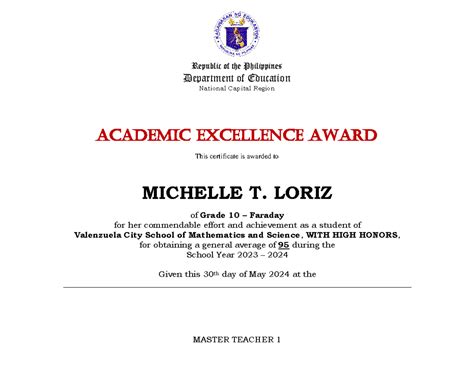 Certificate Eosy Academic Excellence Republic Of The Philippines Department Of Education