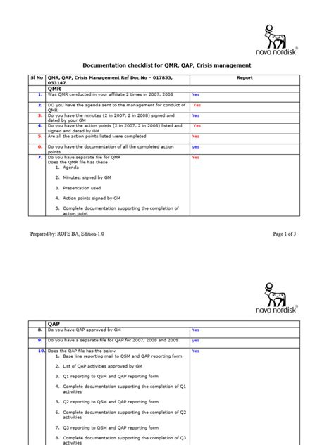Documentation Checklist For Qmr Qap Crisis Management Pdf National