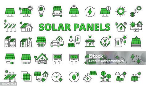 태양 전지판 아이콘은 선 디자인 녹색으로 설정되어 있습니다 에너지 녹색 전기 충전 태양열 농장 태양 패널 벡터 일러스트 편집 가능한 획 아이콘 집에 대한 스톡 벡터 아트 및